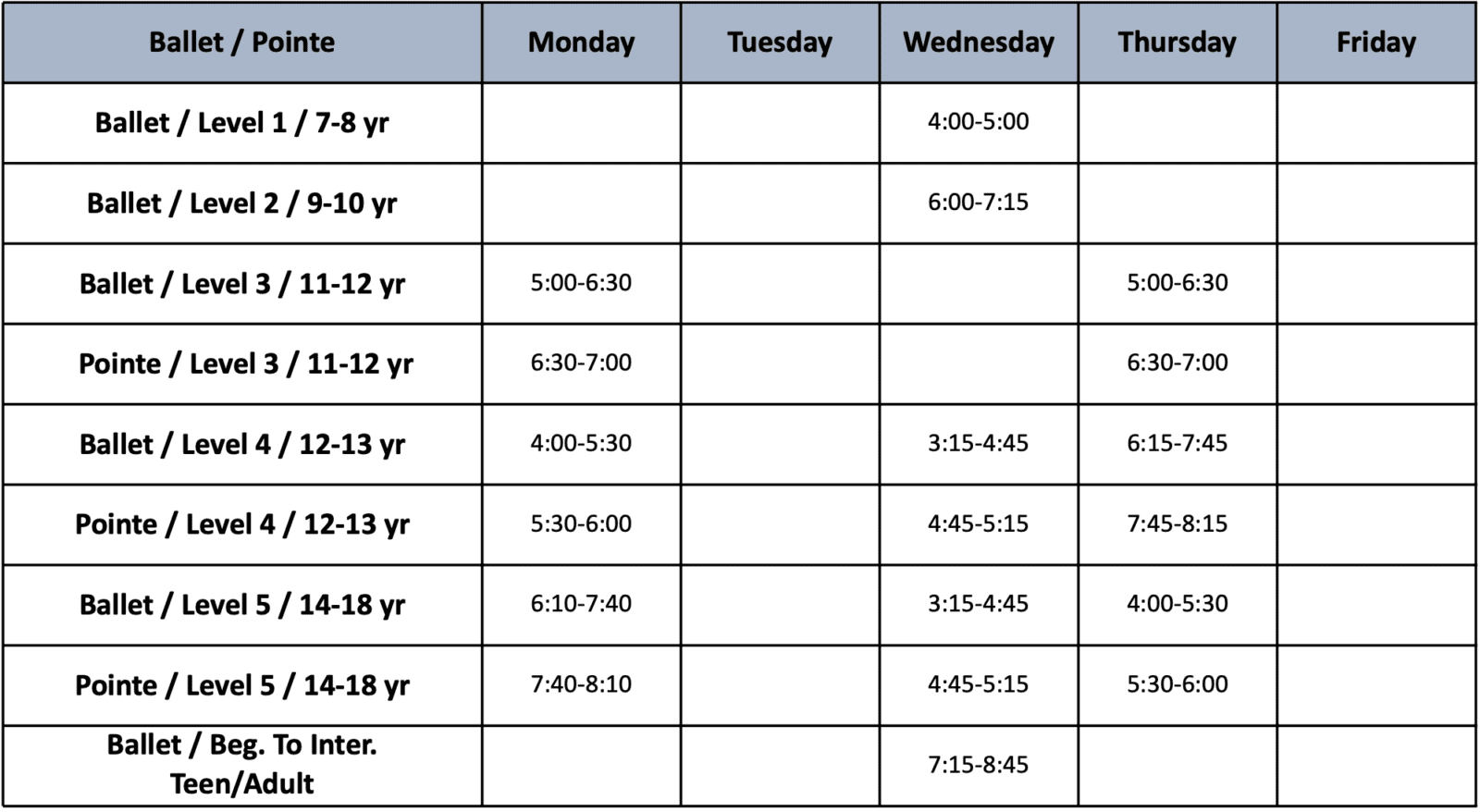 Class Schedule 2021-2022 - The Dance Center